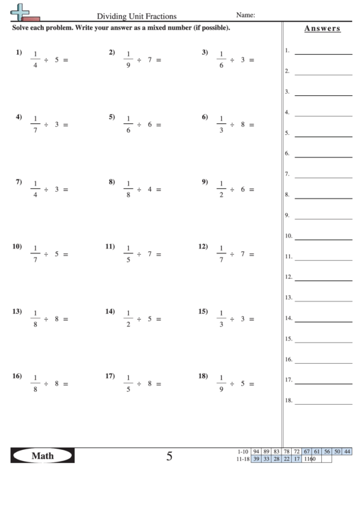 Dividing Unit Fractions Worksheet printable pdf download