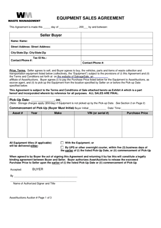 Equipment Sales Agreement Printable Pdf Download