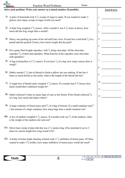 Fraction Word Problems Worksheet With Answer Key Printable Pdf Download