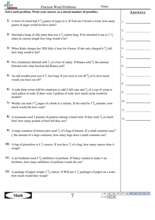 Fraction Word Problems Worksheet With Answer Key printable pdf download