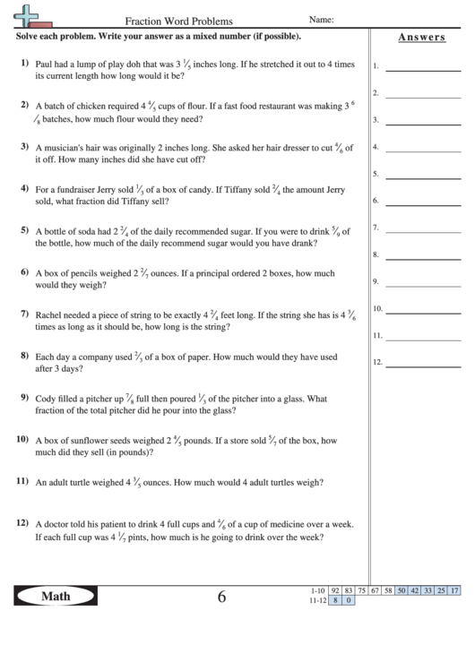 Fraction Word Problems Worksheet With Answer Key printable pdf download