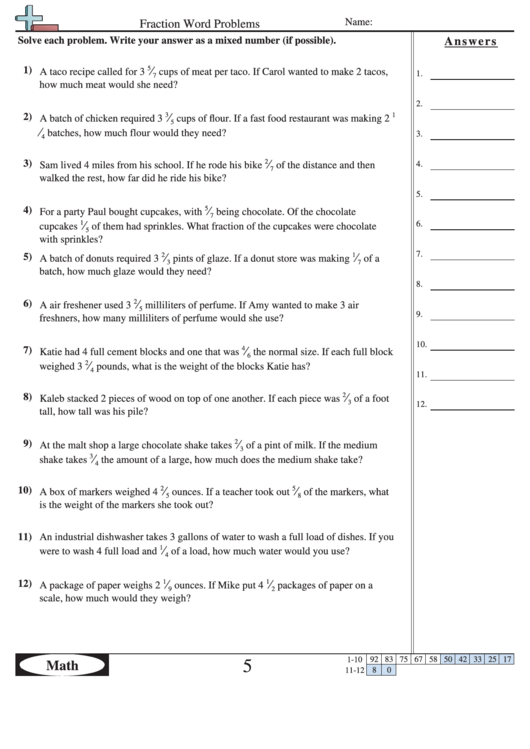 Fraction Word Problems Worksheet With Answer Key printable pdf download