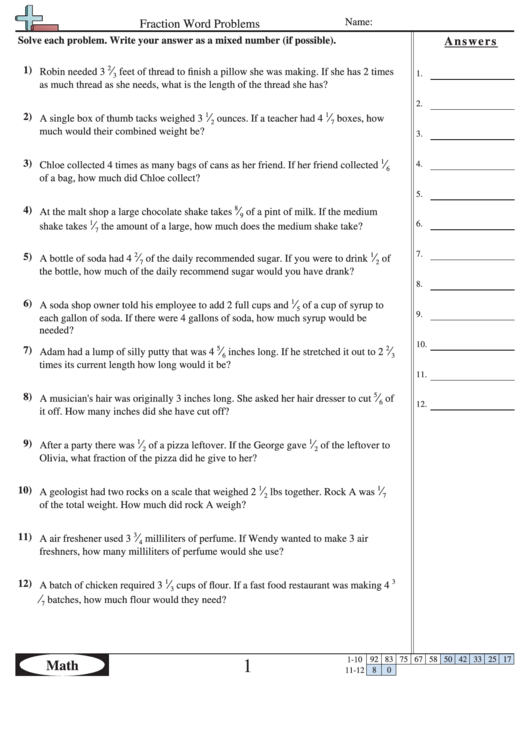 Fraction Word Problems Worksheet With Answer Key printable pdf download
