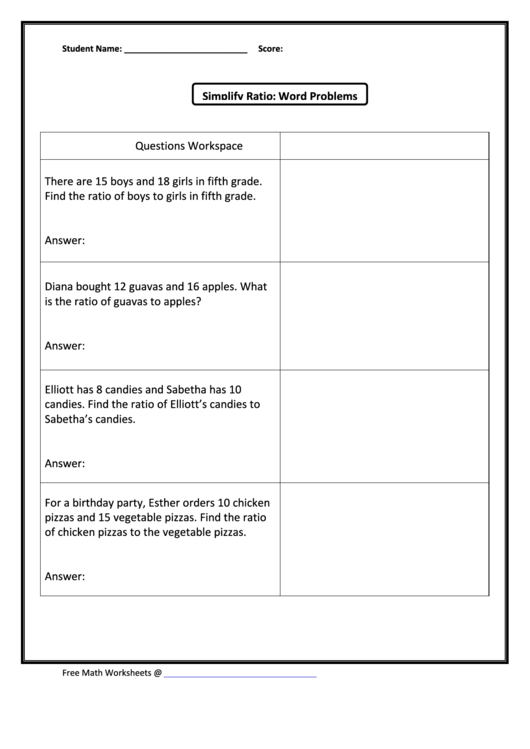 Simplify Ratio: Word Problems Worksheet printable pdf download