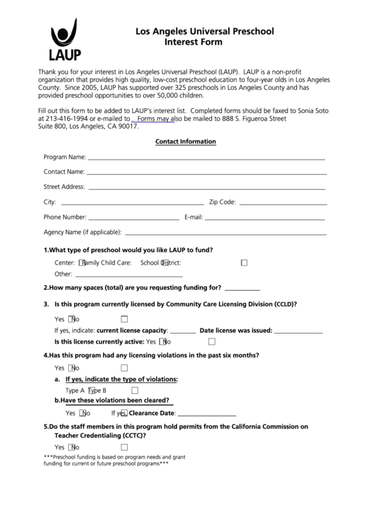 Los Angeles Universal Preschool Interest Form printable pdf download