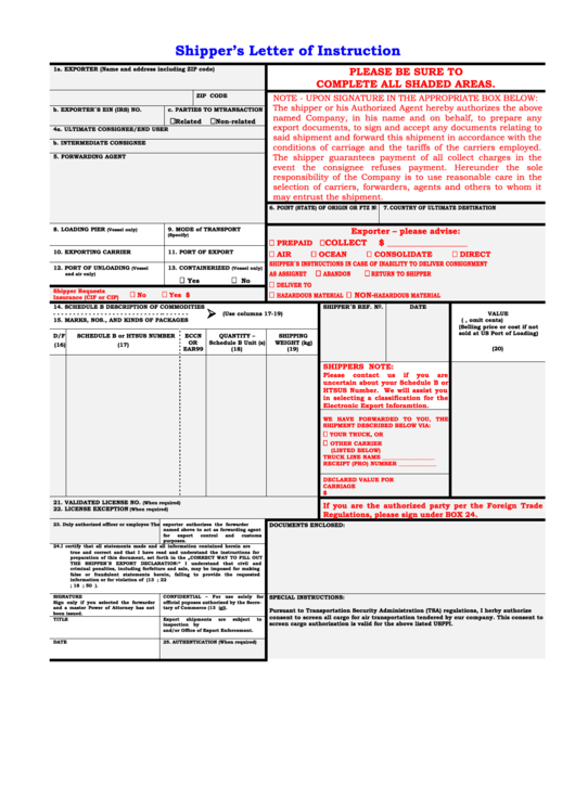 Shipper S Letter Of Instruction Printable Pdf Download