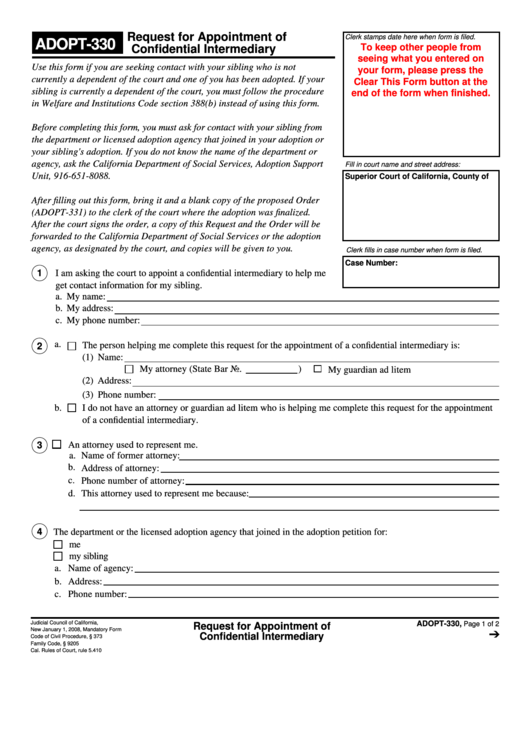 Fillable Request For Appointment Of Confidential Intermediary printable ...