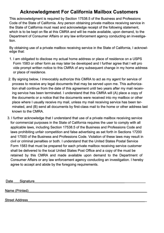 Form Acknowledgment For California Mailbox Customers printable pdf download