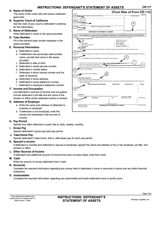 Form Cr 117 - Instructions Defendant Statement Of Assets - 2004 ...