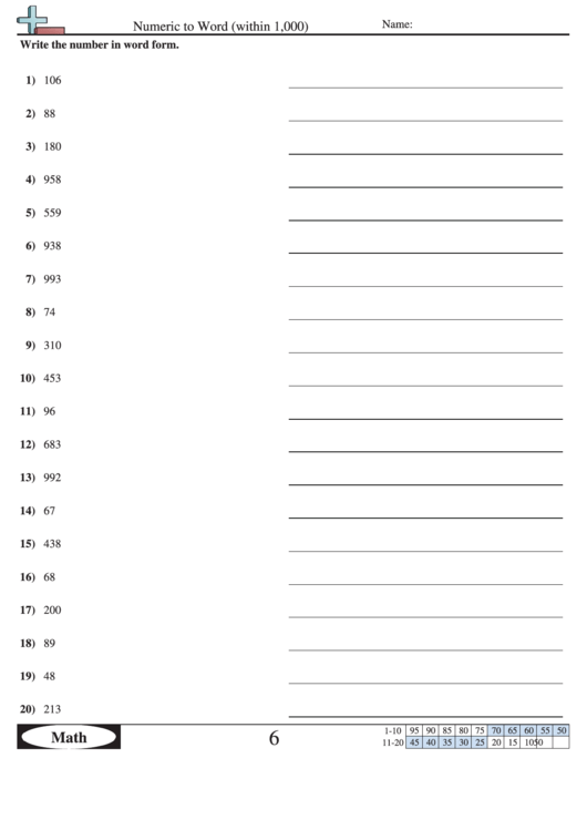 Numeric To Word (Within 1,000) Worksheet With Answer Key printable pdf ...