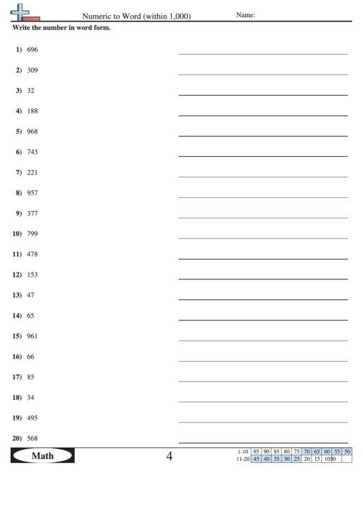 Numeric To Word (Within 1,000) Worksheet With Answer Key printable pdf ...