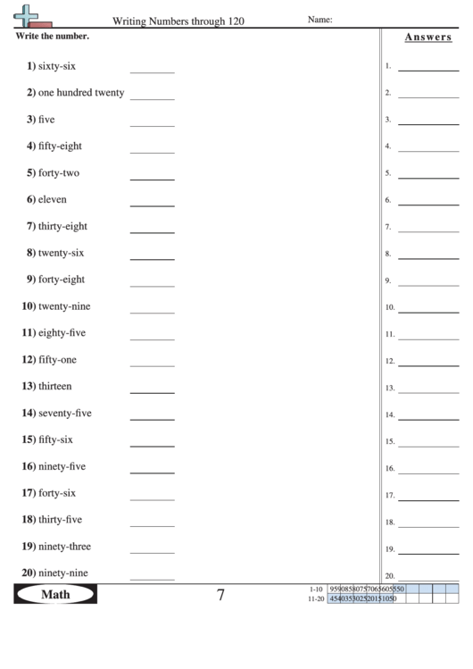 Writing Numbers Through 120 Worksheet With Answer Key printable pdf ...