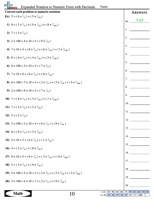 Expanded Notation To Numeric Form With Decimals Worksheet With Answer ...