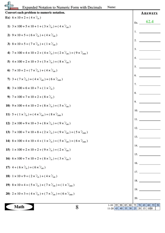 Expanded Notation To Numeric Form With Decimals Worksheet With Answer