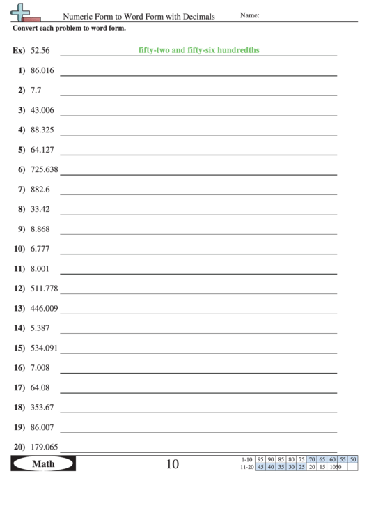 Word Form To Numeric Form With Decimals Worksheet With Answer Key ...