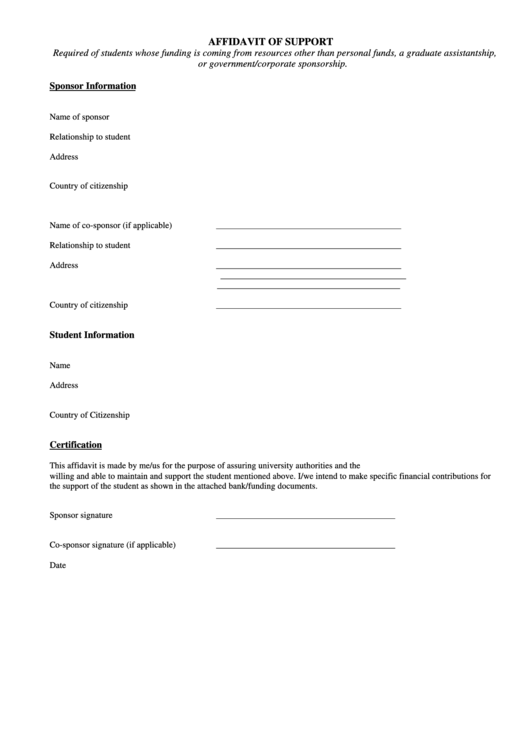 Affidavit Of Support printable pdf download