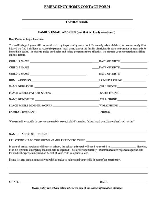 Emergency Home Contact Form printable pdf download