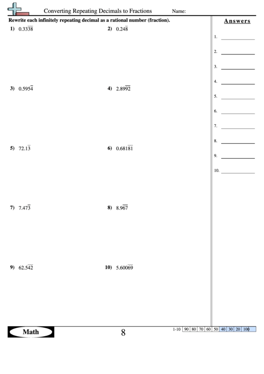 Converting Repeating Decimals To Fractions Worksheet With Answer Key ...