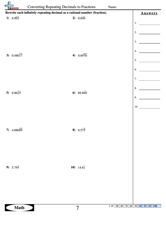 Converting Repeating Decimals To Fractions Worksheet With Answer Key ...