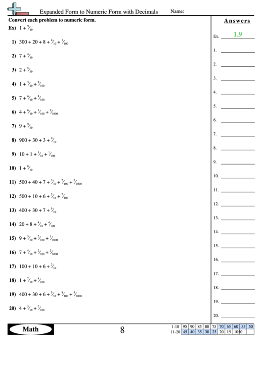 Expanded Form To Numeric Form With Decimals Worksheet With Answer Key ...