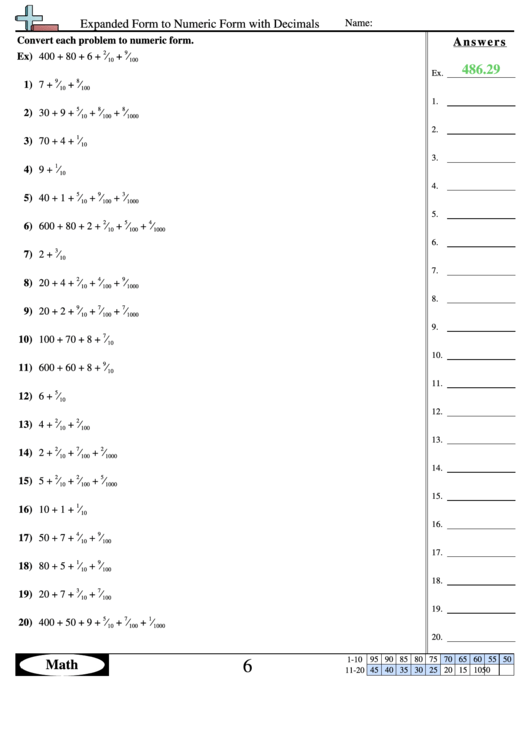 Expanded Form To Numeric Form With Decimals Worksheet With Answer Key ...