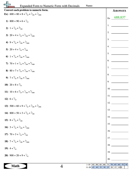 Expanded Form To Numeric Form With Decimals Worksheet With Answer Key 