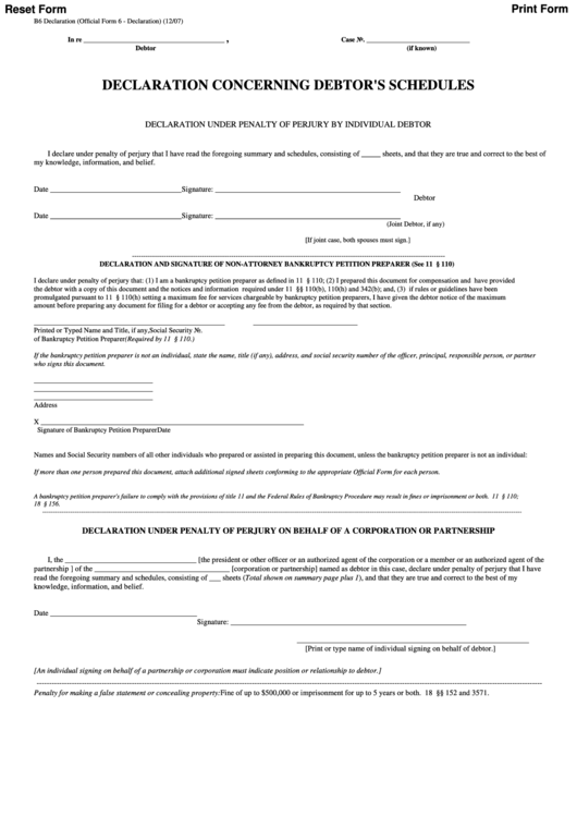 Fillable B6 Declaration Form - Declaration Concerning Debtors Schedules ...