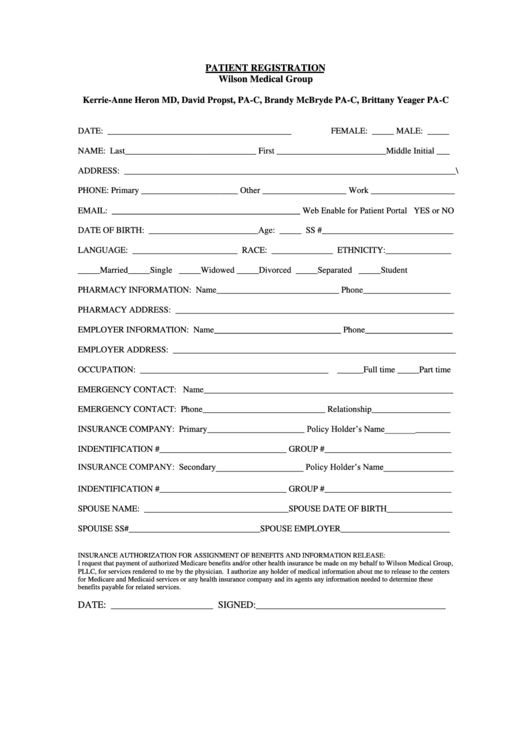Patient Registration printable pdf download