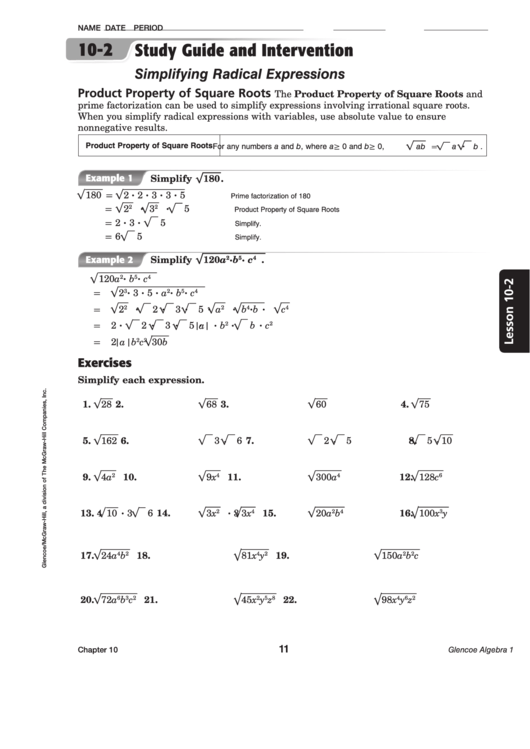 Simplifying Radical Expressions Worksheet Printable Pdf Download