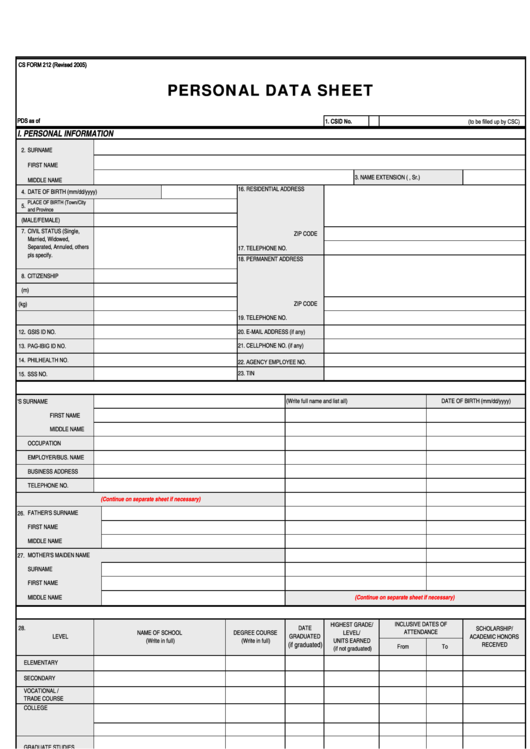 Fillable Personal Data Sheet Printable Pdf Download