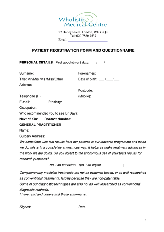Patient Registration Form printable pdf download
