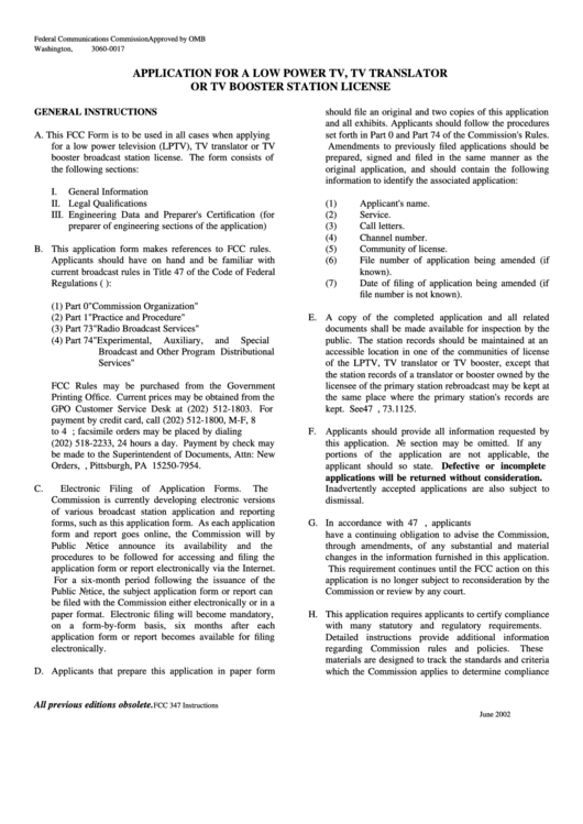 Application Form For A Low Power Tv Tv Translator printable pdf download