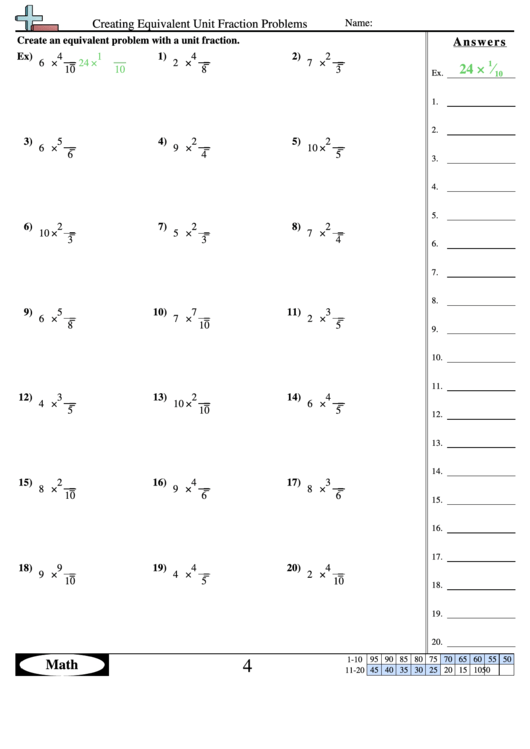 Creating Equivalent Unit Fraction Problems Worksheet With Answer Key ...