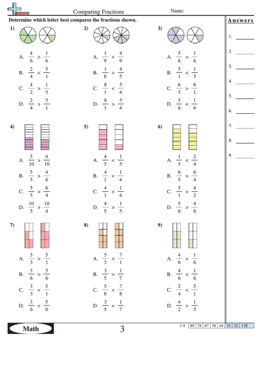 Comparing Visual Fractions (Multiple Choice) Worksheet With Answer Key ...