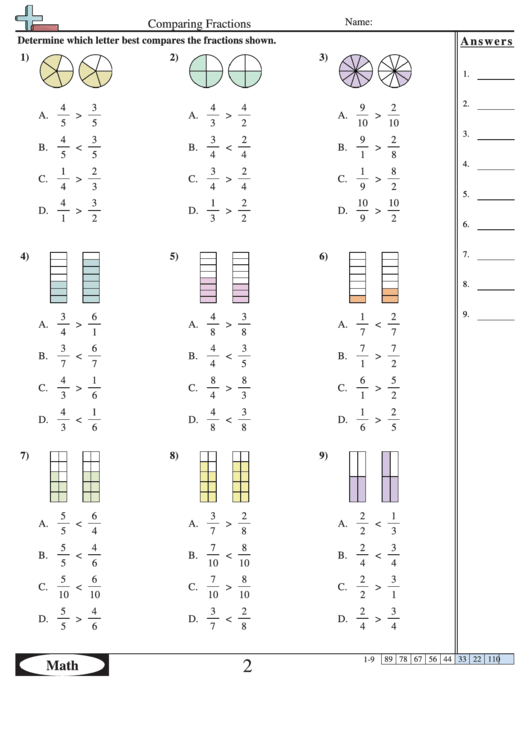 Comparing Visual Fractions Multiple Choice Worksheet With Answer Key 