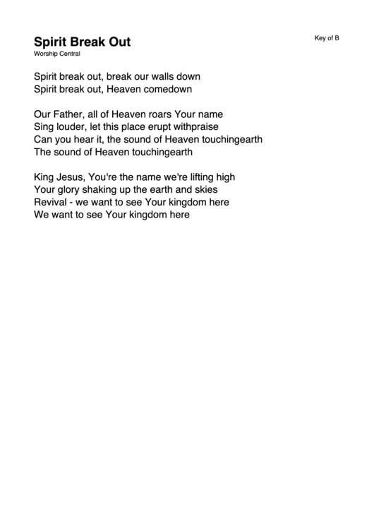 Spirit Break Out Key Of B printable pdf download