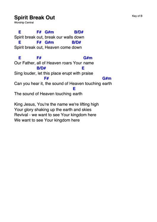 Spirit Break Out Key Of B printable pdf download