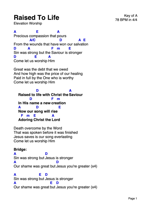 Raised To Life - Elevation Worship (Key Of A) printable pdf download