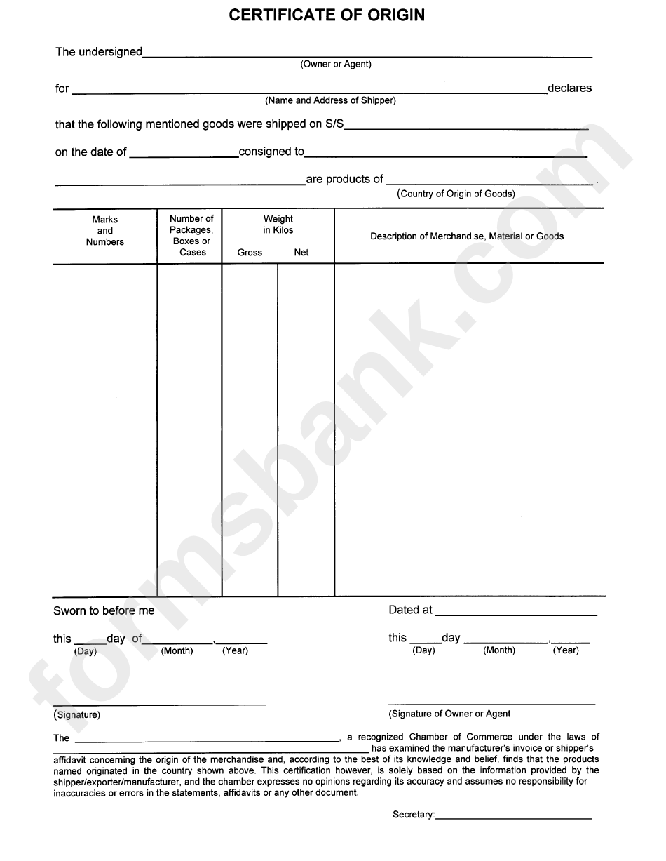 Fillable Certificate Of Origin Form printable pdf download