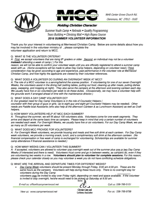 Summer Volunteer Application - Merriwood Christian Camp printable pdf ...