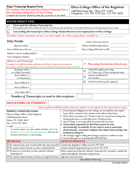 Utica College Office Of The Registrar Paper Transcript Request Form ...