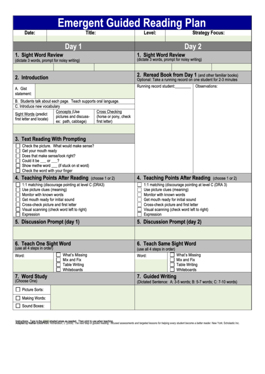 Emergent Guided Reading Plan Printable Pdf Download