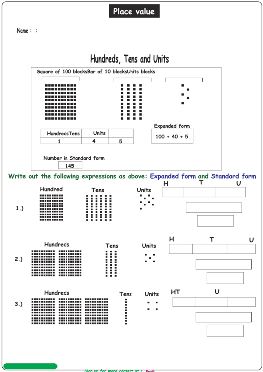 Place Value - Hundred, Tens, Units printable pdf download