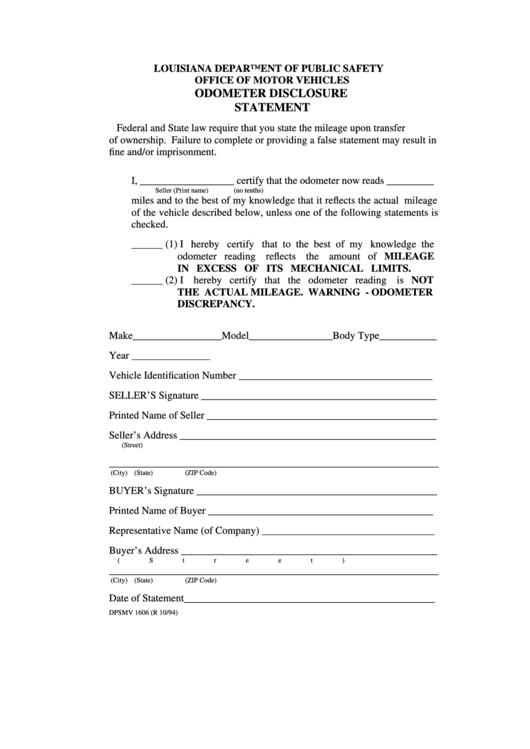 Fillable Odometer Disclosure printable pdf download