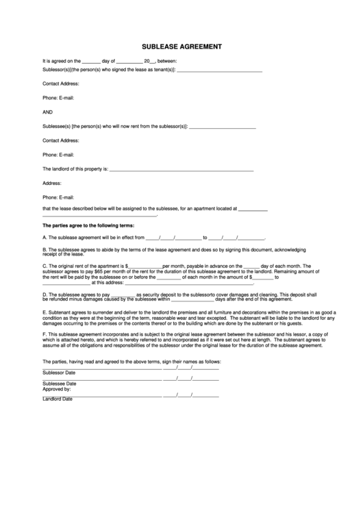 Sublease Agreement printable pdf download