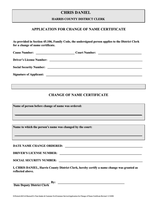 Fillable Application For Change Of Name Certificate Printable Pdf Download