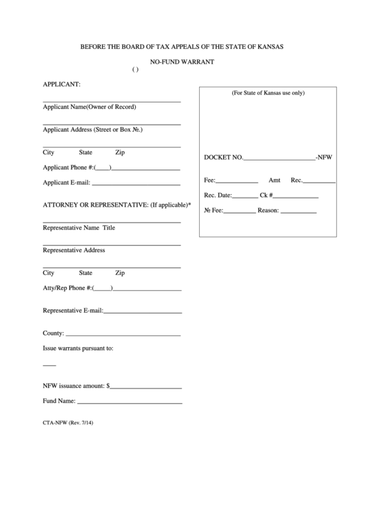 Fillable No-Fund Warrant (Cta-Nfw) printable pdf download