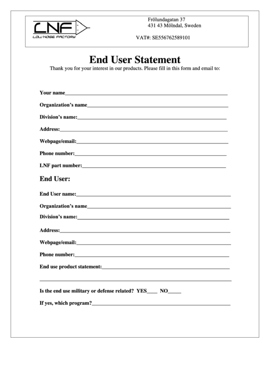 End User Statement Printable Pdf Download
