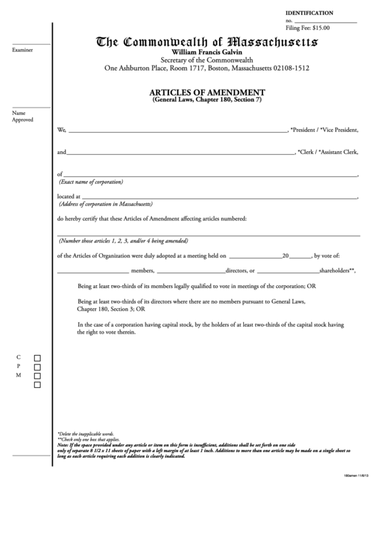 Fillable Form 180ame - Articles Of Amendment Form - 2013 printable pdf ...