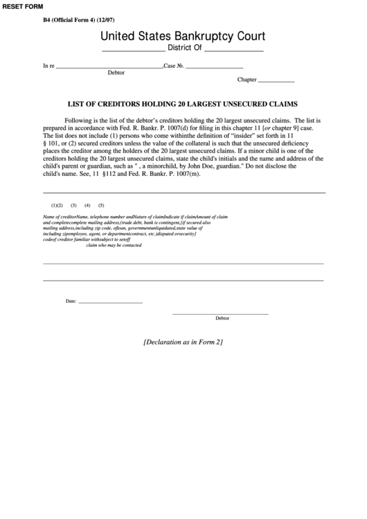 Fillable List Of Creditors Holding 20 Largest Unsecured Claims printable pdf download